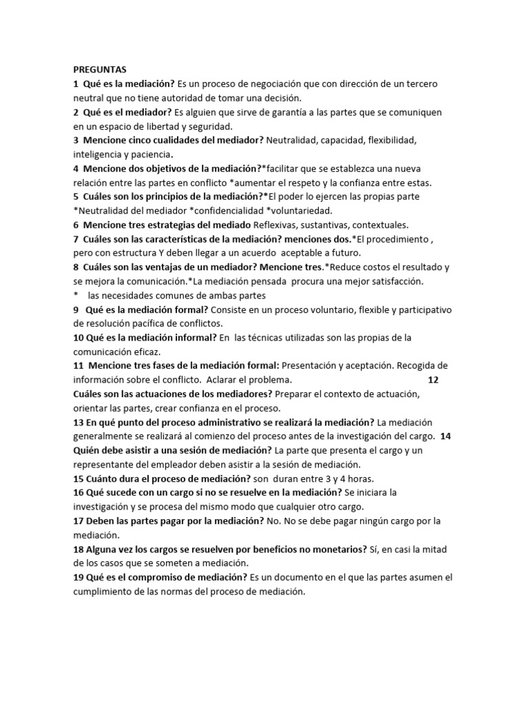 PREGUNTAS LA MEDIACION. | PDF | Mediación
