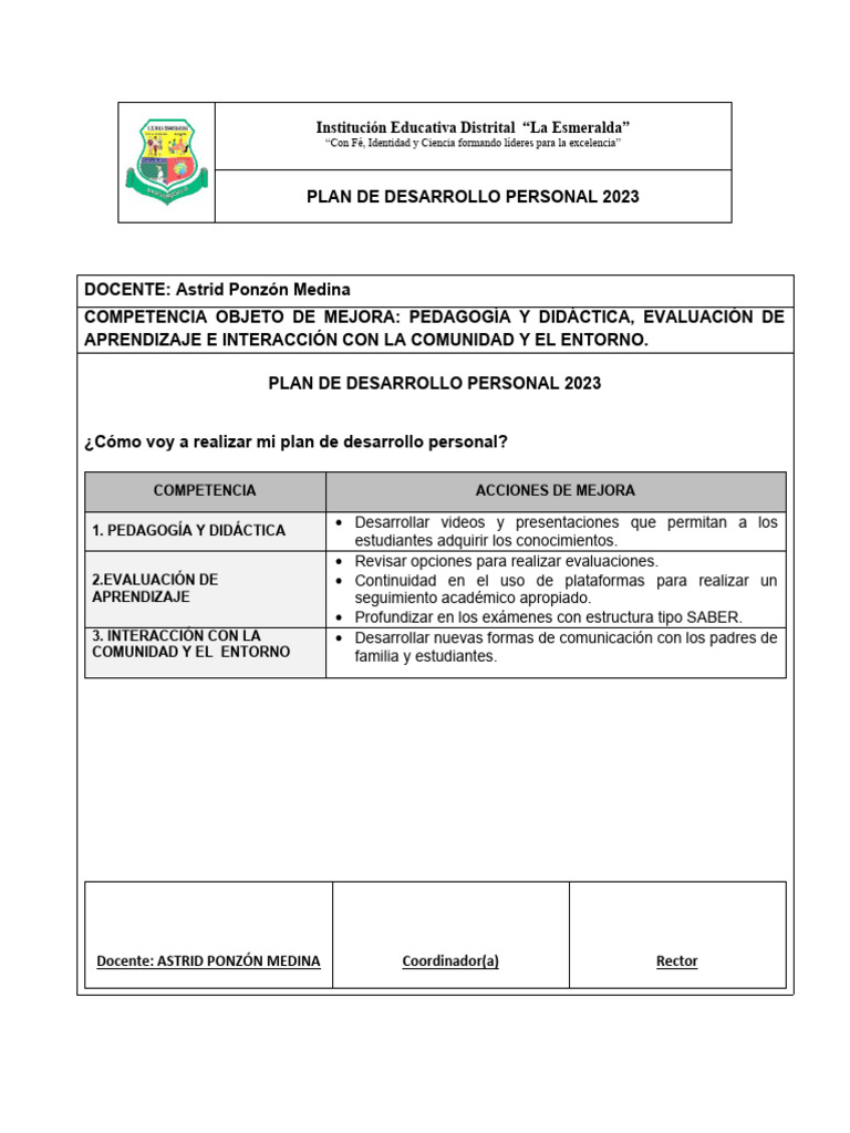 Plan de Desarrollo Personal Ied La Esmeralda 2023 | PDF