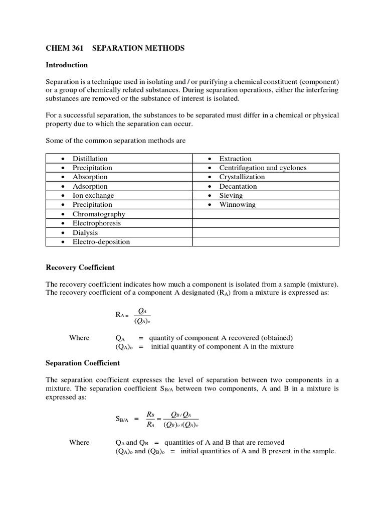 Chem 361 Separation Methods Intro | PDF | Phase (Matter) | Solvent