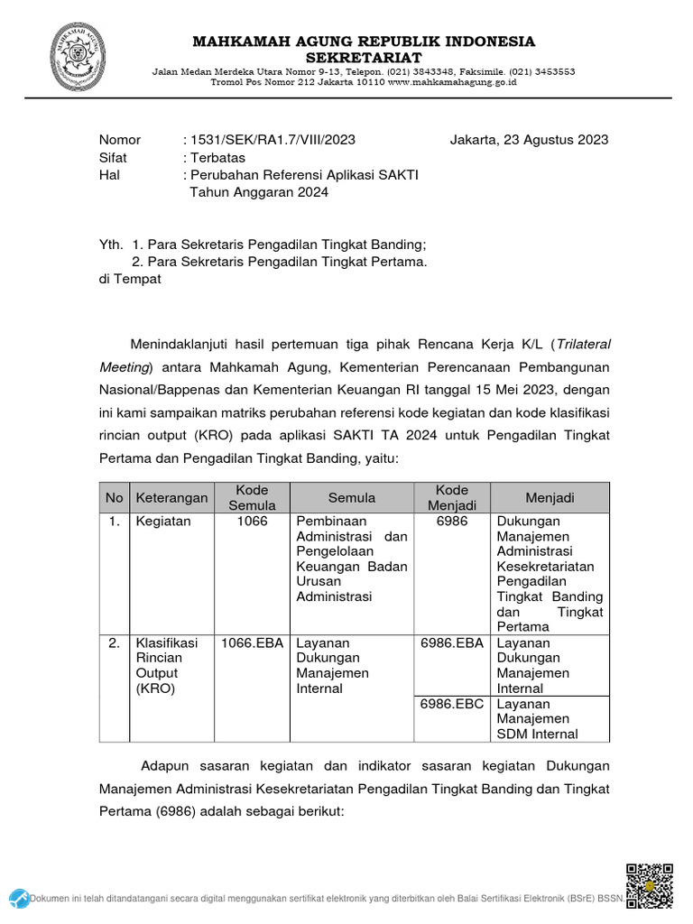 Surat Perubahan Referensi SAKTI TA 2024 | PDF