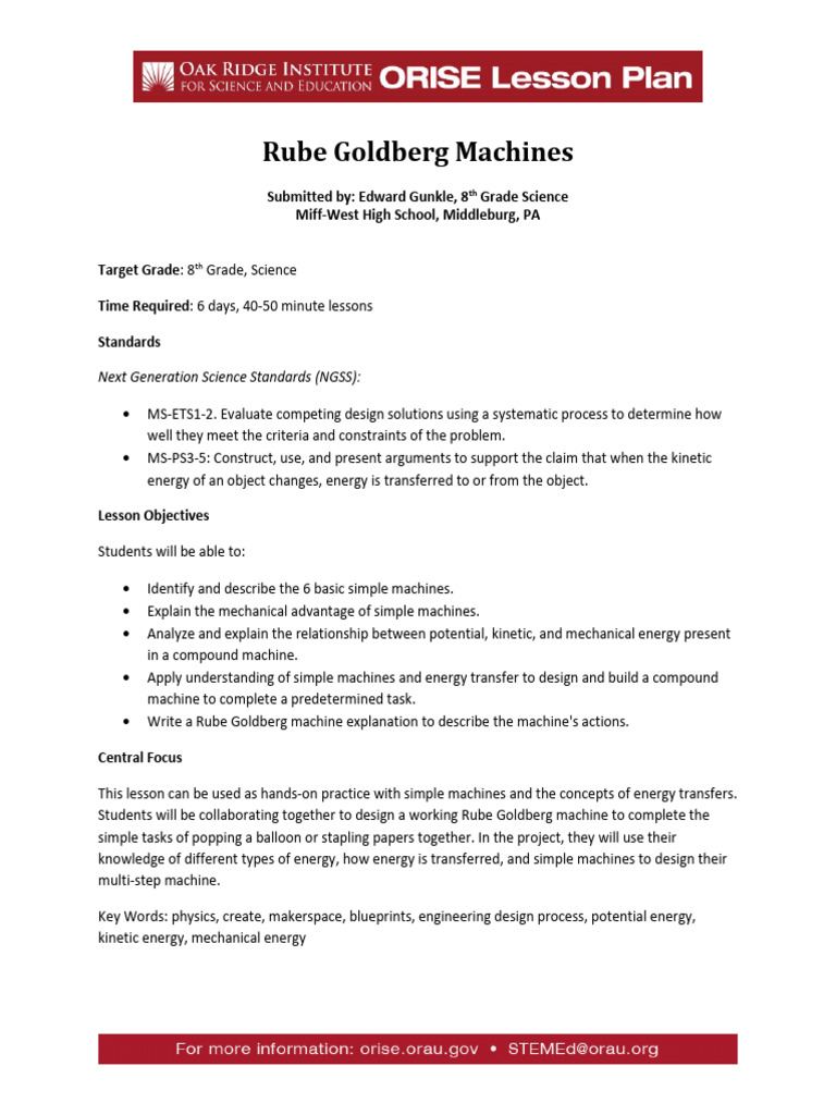Rube Goldberg Machine Energy Lesson Plan | PDF | Kinetic Energy | Machines