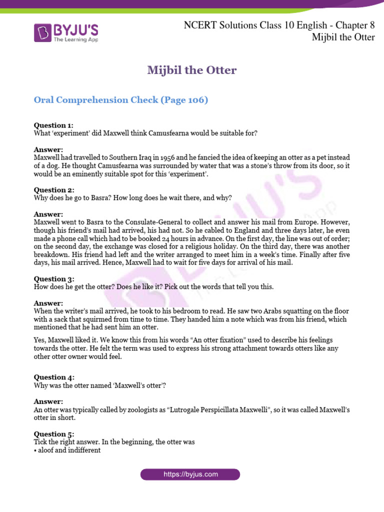 Ncert Solutions Feb2021 First Flight Class 10 English Chapter 8 Mijbil ...