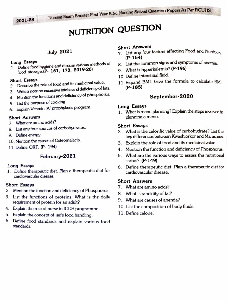 Nutrition Question Bank 1st BSC Nursing | PDF