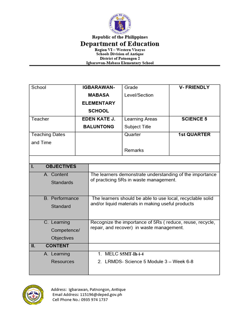 Lesson Plan in Science 5 CO EKJBaluntong 1 | PDF | Waste | Waste Management