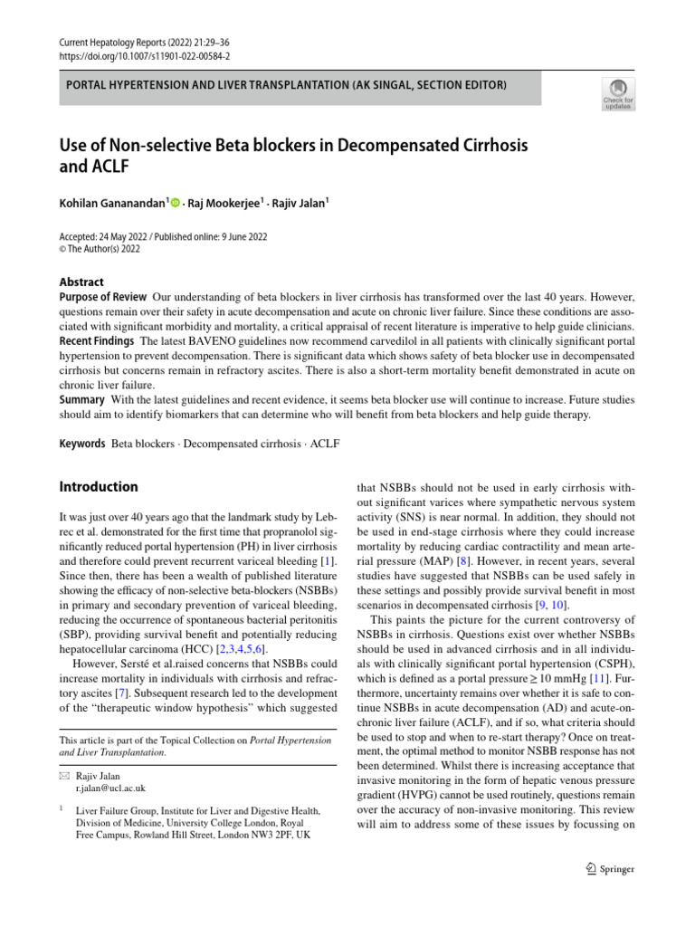 Use Of Non Selective Beta Blockers In Decompensated Cirrhosis And Aclf