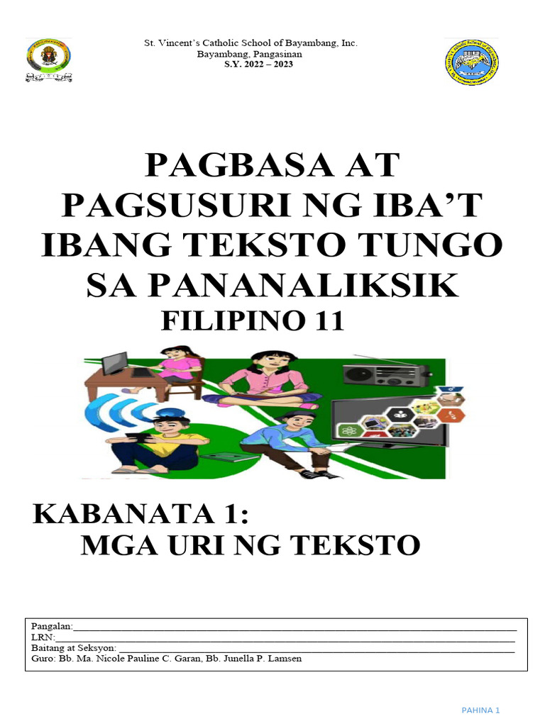 Filipino 11 3rd Quarter 2nd Sem Lesson 1 6 MGA URI NG TEKSTO ...