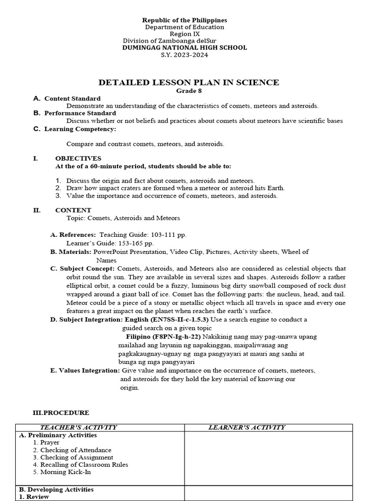 Lesson Plan Grade 8 Demo | PDF | Meteoroid | Comet