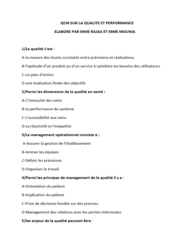 QCM sur la qualité et performance en santé | PDF | Management de la ...