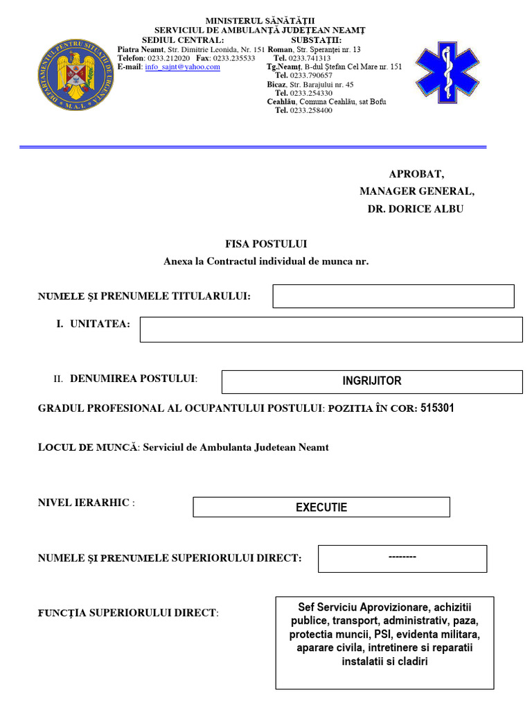 Fisa Post Ingrijitor | PDF