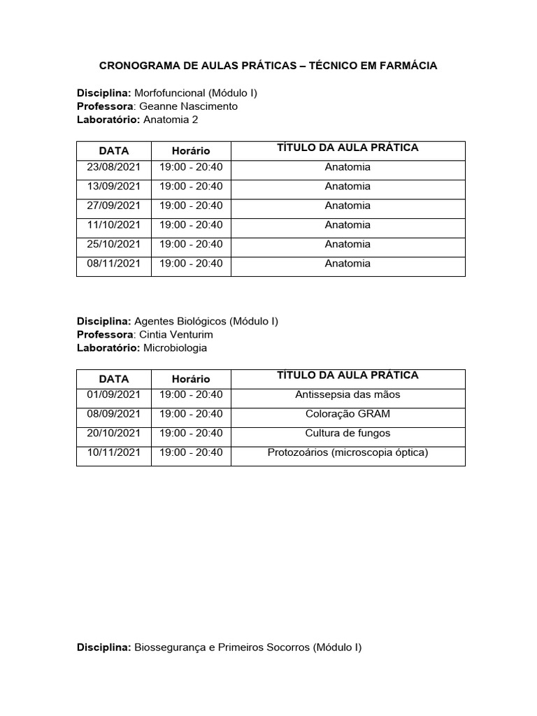 Cronograma Aulas Práticas Farmácia | PDF | Homeopatia | Remédio