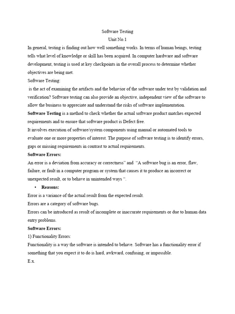Unit 1 - Software Testing | PDF | Software Testing | Software Bug Unit 1 - Software Testing | PDF | Software Testing | Software Bug