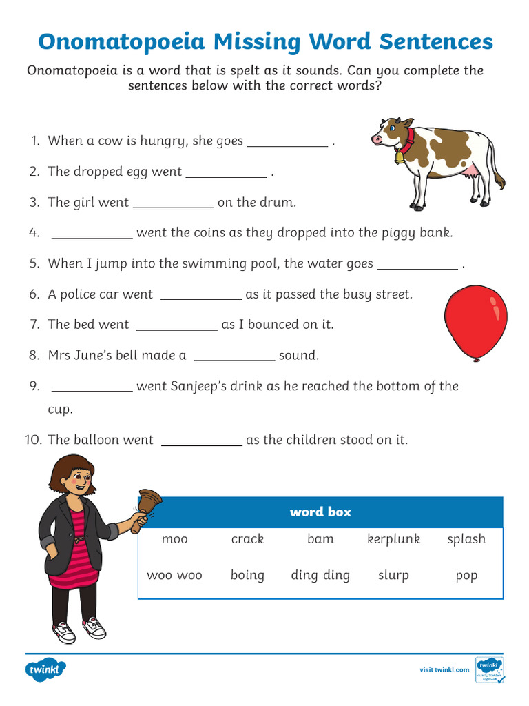 T e 1644506925 Onomatopoeia Missing Word Sentences Activity - Ver - 2 | PDF