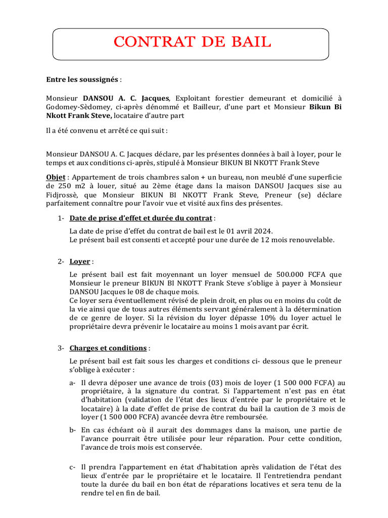 Contrat de bail appartement 3 chambres | PDF