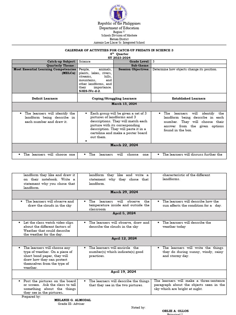 Calendar of Activities For Catch-Up Fridays - 3rd Quarter | PDF