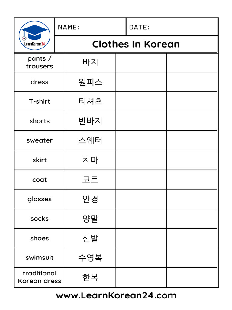 Clothes in Korean Worksheet | PDF