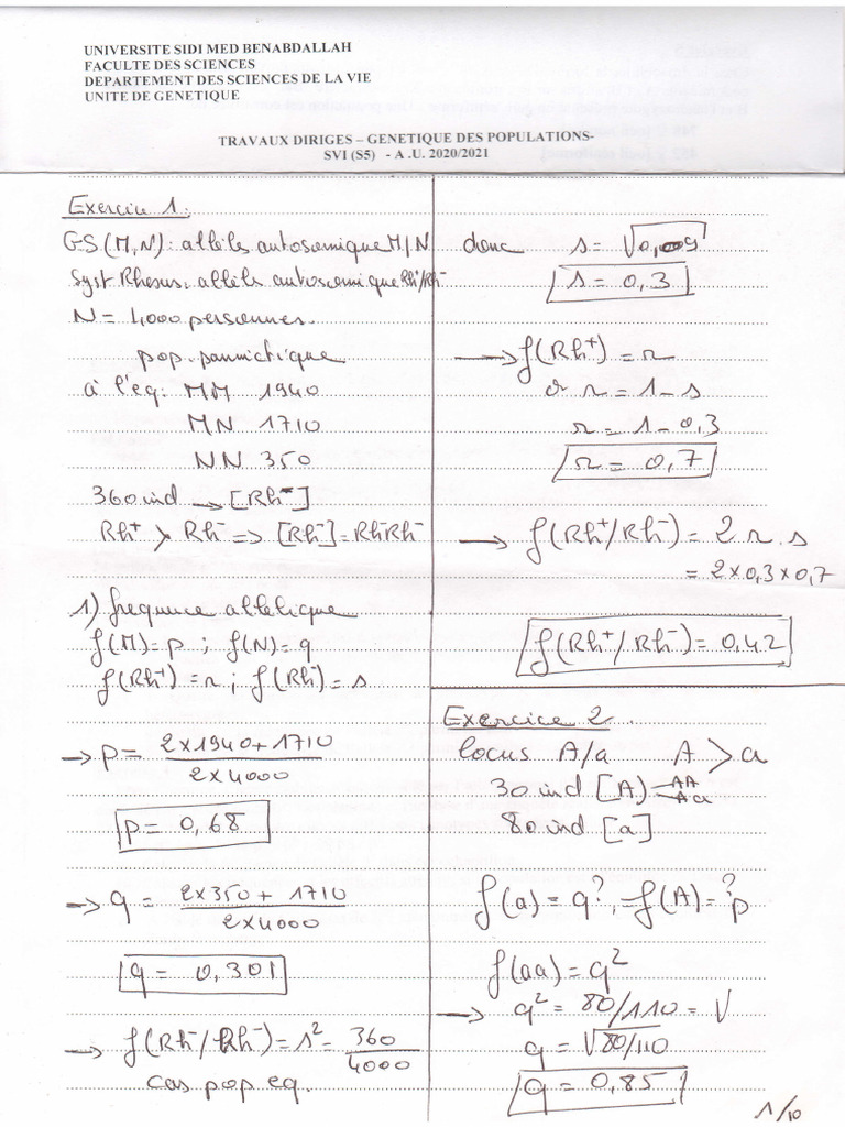 TD1 Genet Pop Correction Exos 1-2-3 | PDF