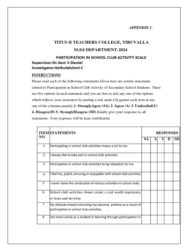 Original Participation in School Club Activity Scale | PDF | Teaching ...