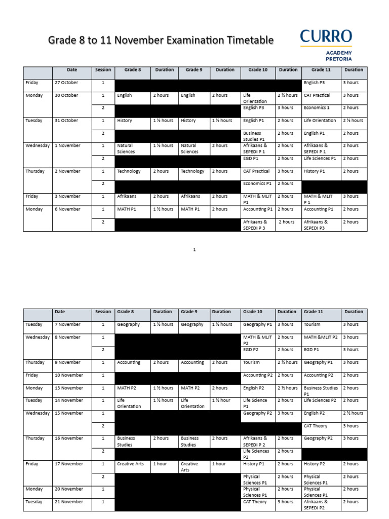 Grade 11 November Exam Timetable 2025 | PDF