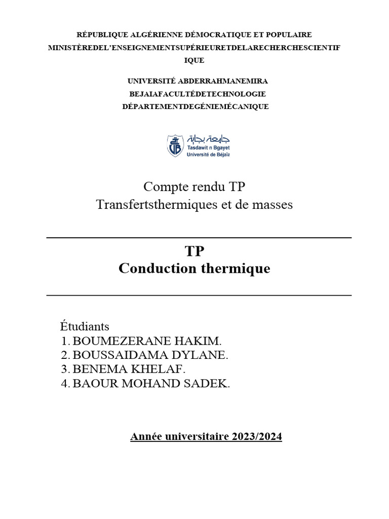 Compte Rendu TP : Conduction Thermique | PDF | Conductivité thermique ...