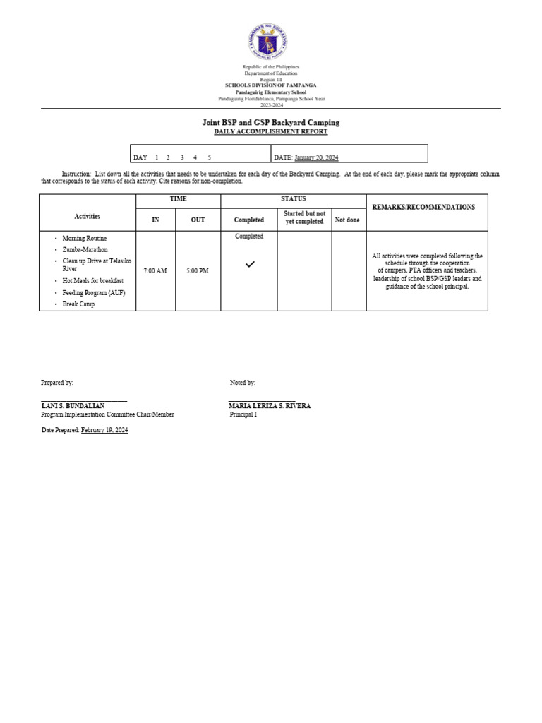 LANI S BUNDALIAN Accomplishment Report BSP GSP Encampment 1-20-2024 ...