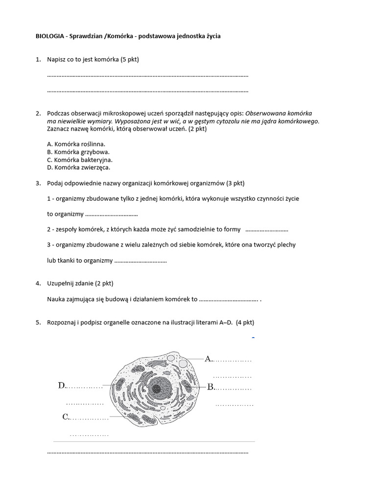 BIOLOGIA - Sprawdzian: Komórka - Podstawowa Jednostka Życia | PDF