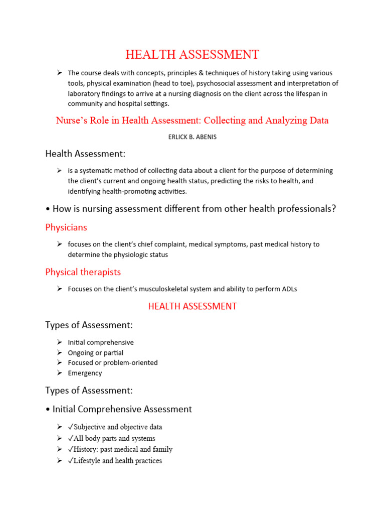 Health Assessment | PDF | Medical Diagnosis | Nursing