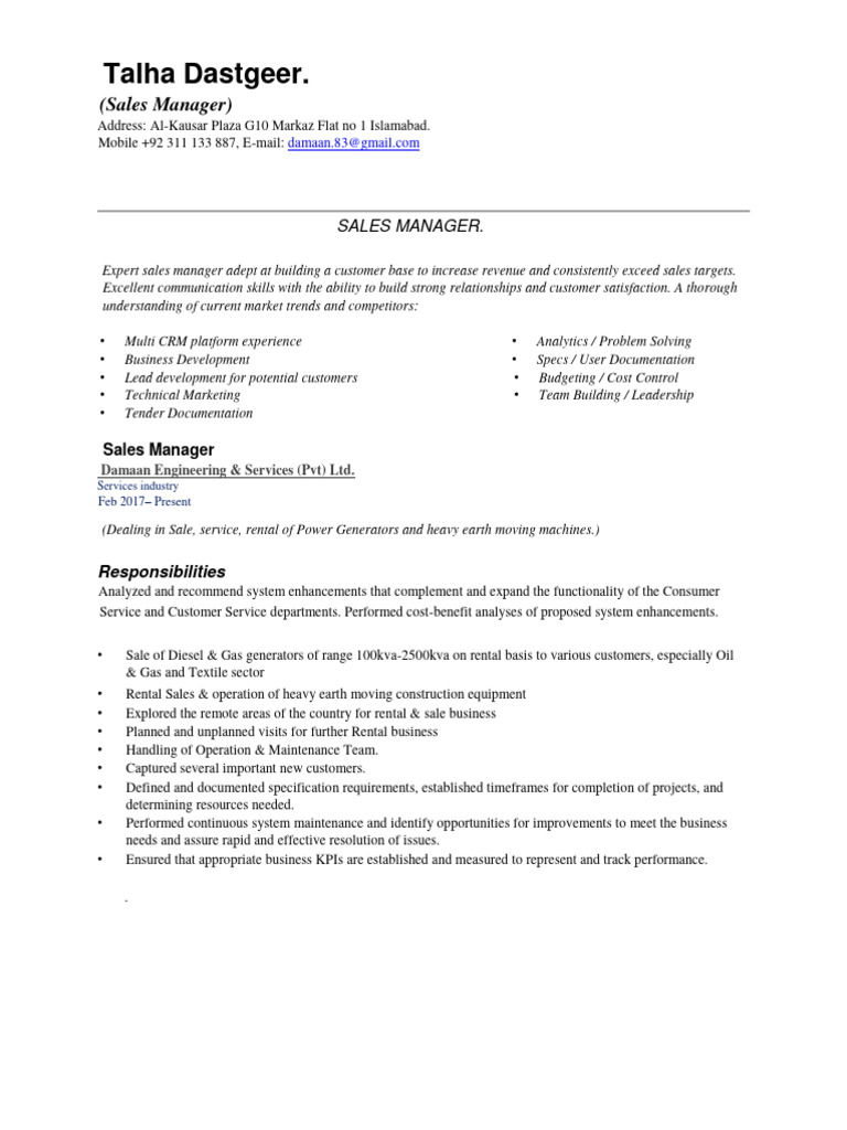 Talha Dastgeer.: (Sales Manager) | PDF