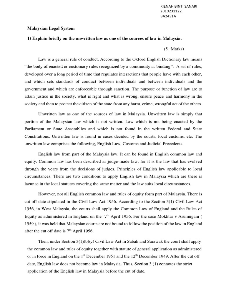 Unwritten Law in Malaysia Explained | PDF