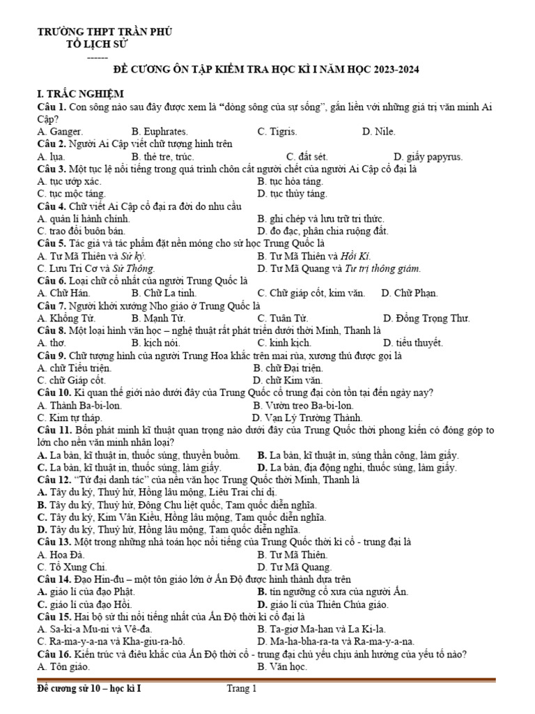 ĐỀ CƯƠNG SỬ 10 HK1 23 24.HS | PDF