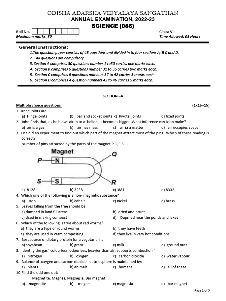 VI Science QP Annual 2023-1 | PDF | Water | Oxygen