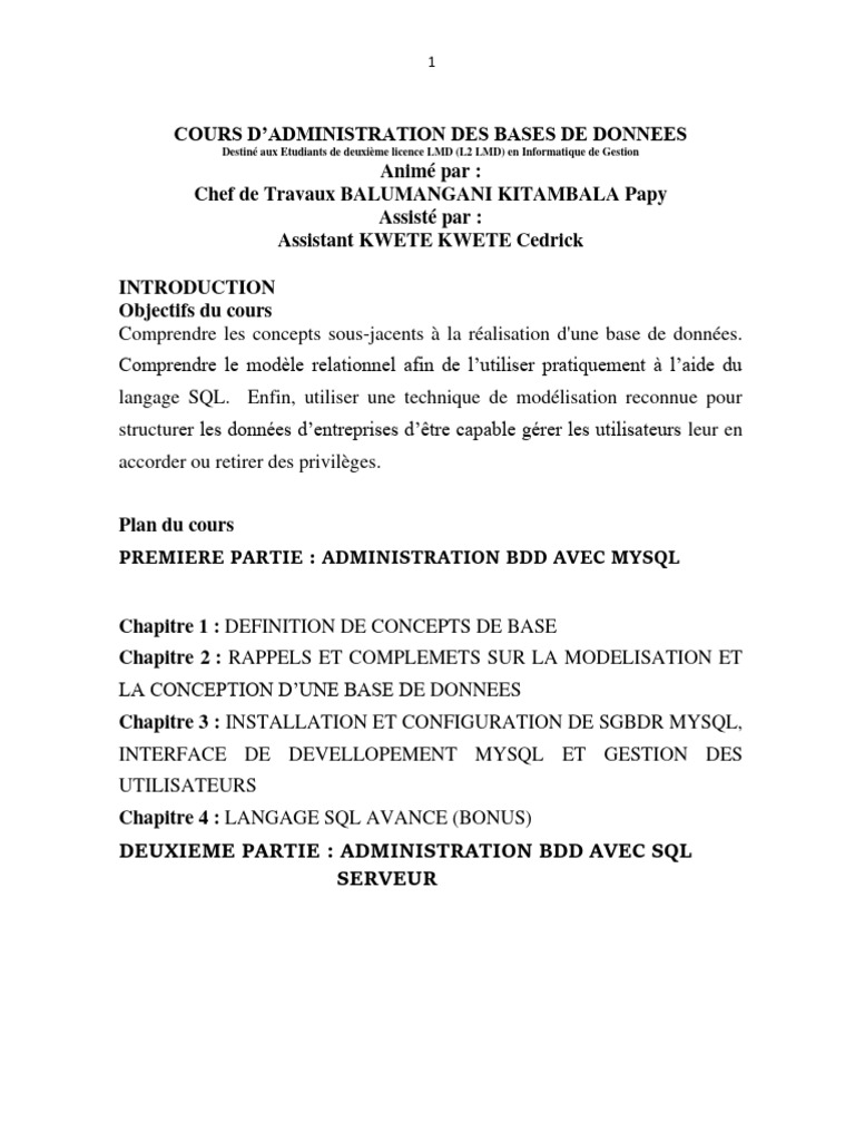 Cours Adm BDD l2 LMD 2023 Complet | PDF