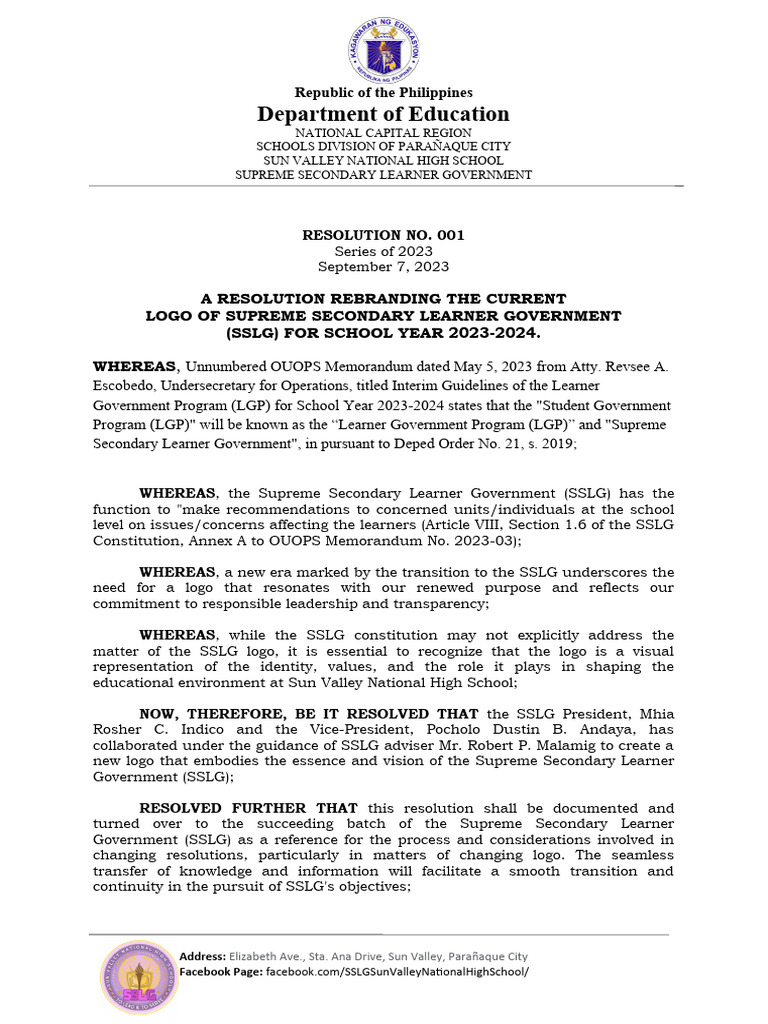 SVNHS-SSLG Resolution No.1.s2023 | PDF