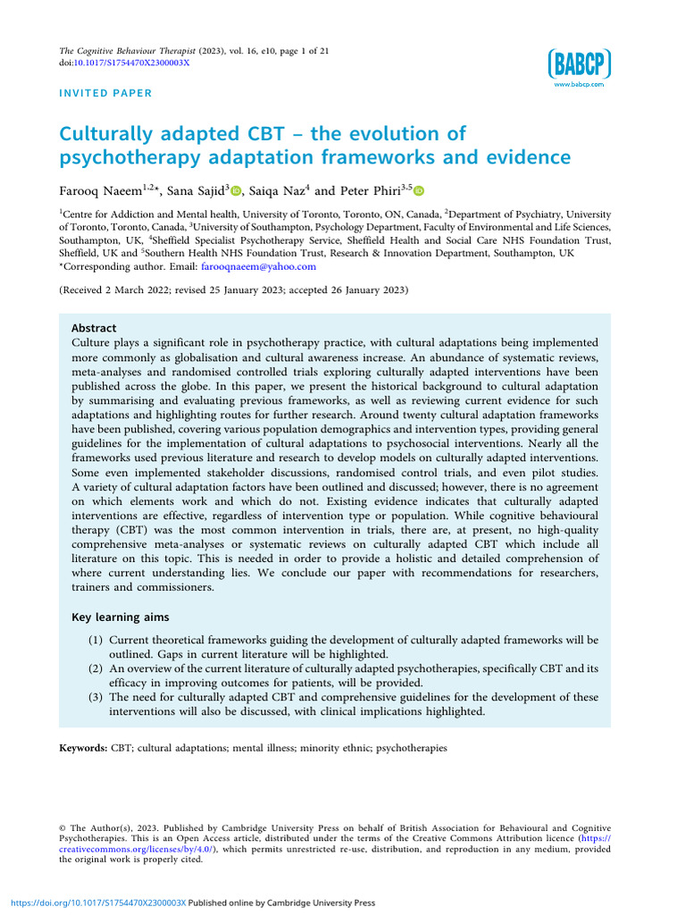 Culturally Adapted CBT The Evolution of Psychotherapy Adaptation ...