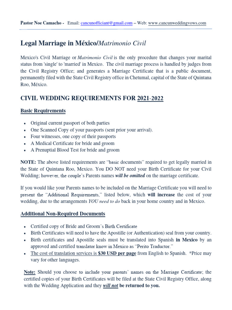 Cancun Mexico-Civil-Legal Marriage Requirements 2021-2022 | PDF ...