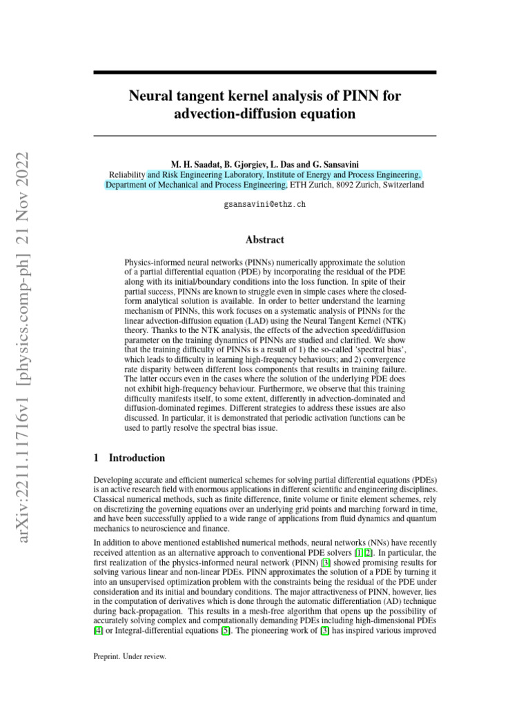 Neural Tangent Kernel Analysis of PINN For Advection-Diffusion Equation | PDF