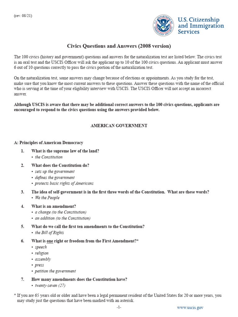 2008 USCIS Civics Test Questions | PDF | American Civil War ...