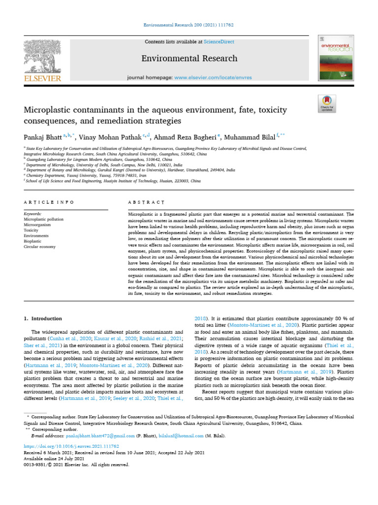 Microplastic Contaminants in The Aqueous Environment, Fate, Toxicity Consequences, and ...
