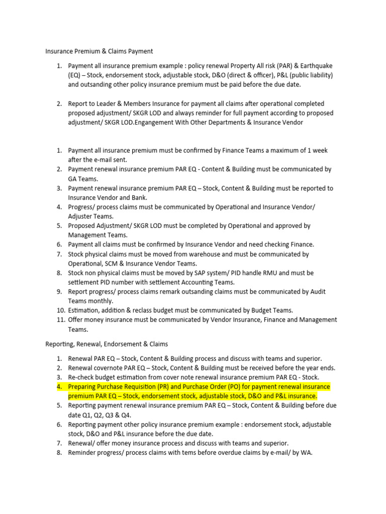 Insurance Premium Payment & Claims Process | PDF | Insurance | Business