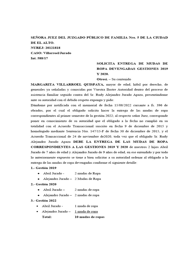 solicita entrega de muda de ropa devengada | PDF | Ropa | Justicia