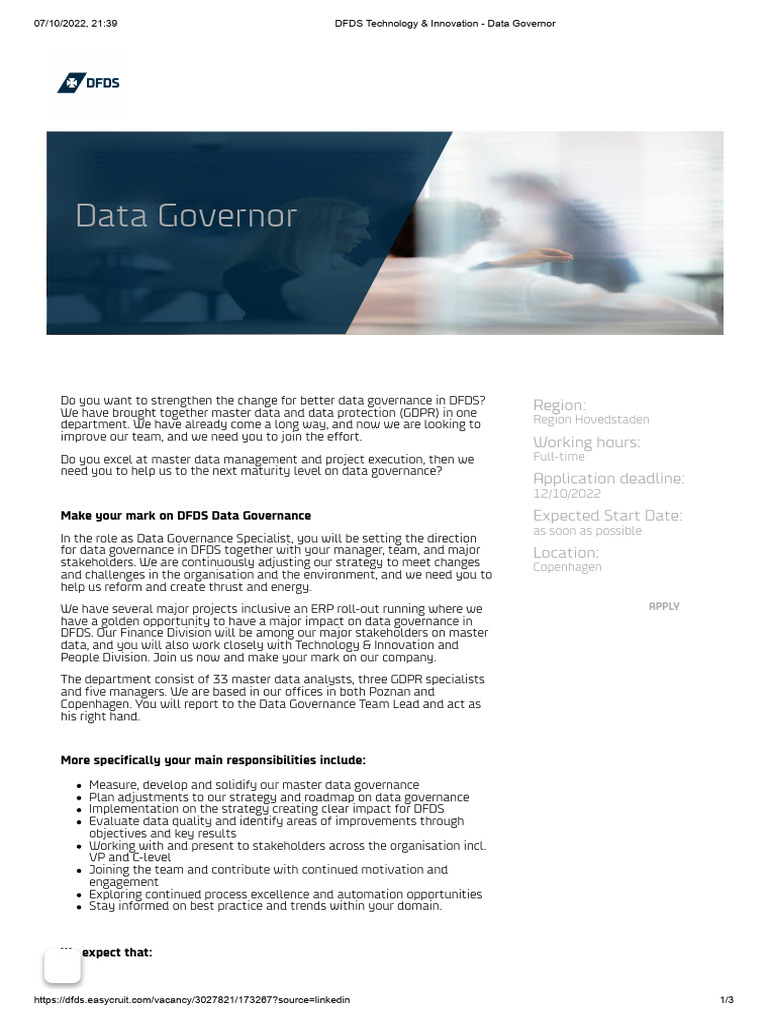 DFDS Technology & Innovation - Data Governor | PDF | Governance ...