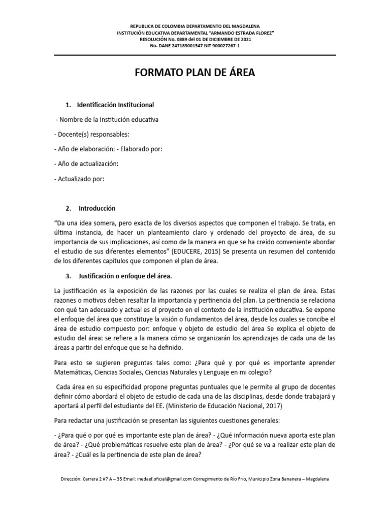 Formato Plan De Area Pdf Evaluación Enseñando