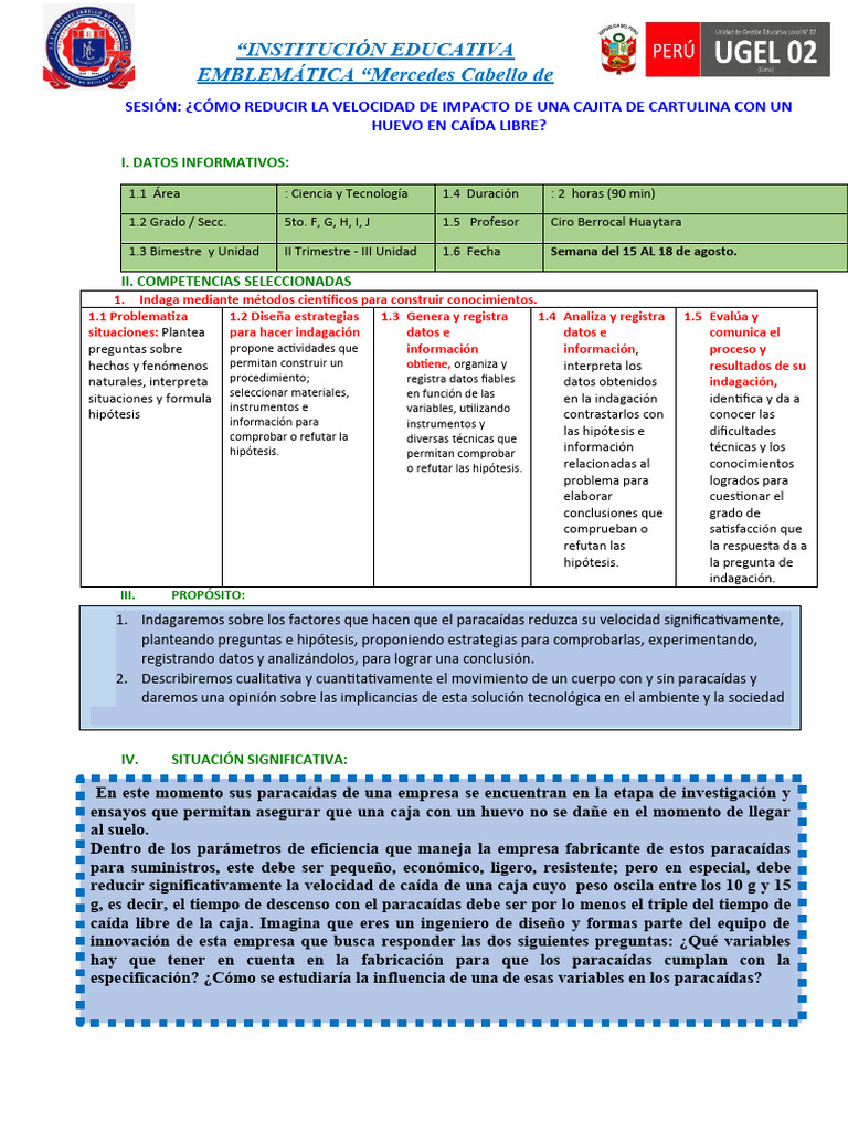 Sesion de Aprendizaje INDAGA (PARACAIDAS) | PDF