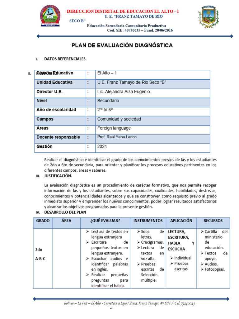 Formato Plan de Diagnostico 2024 | Descargar gratis PDF | Ciencia cognitiva | Cognición