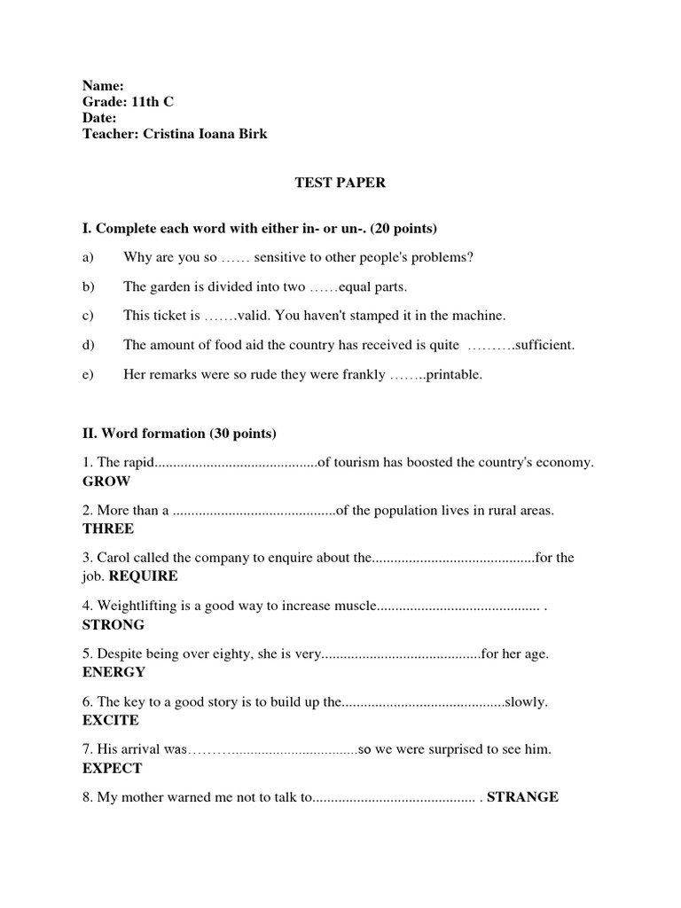 Test Paper Word Formation | PDF