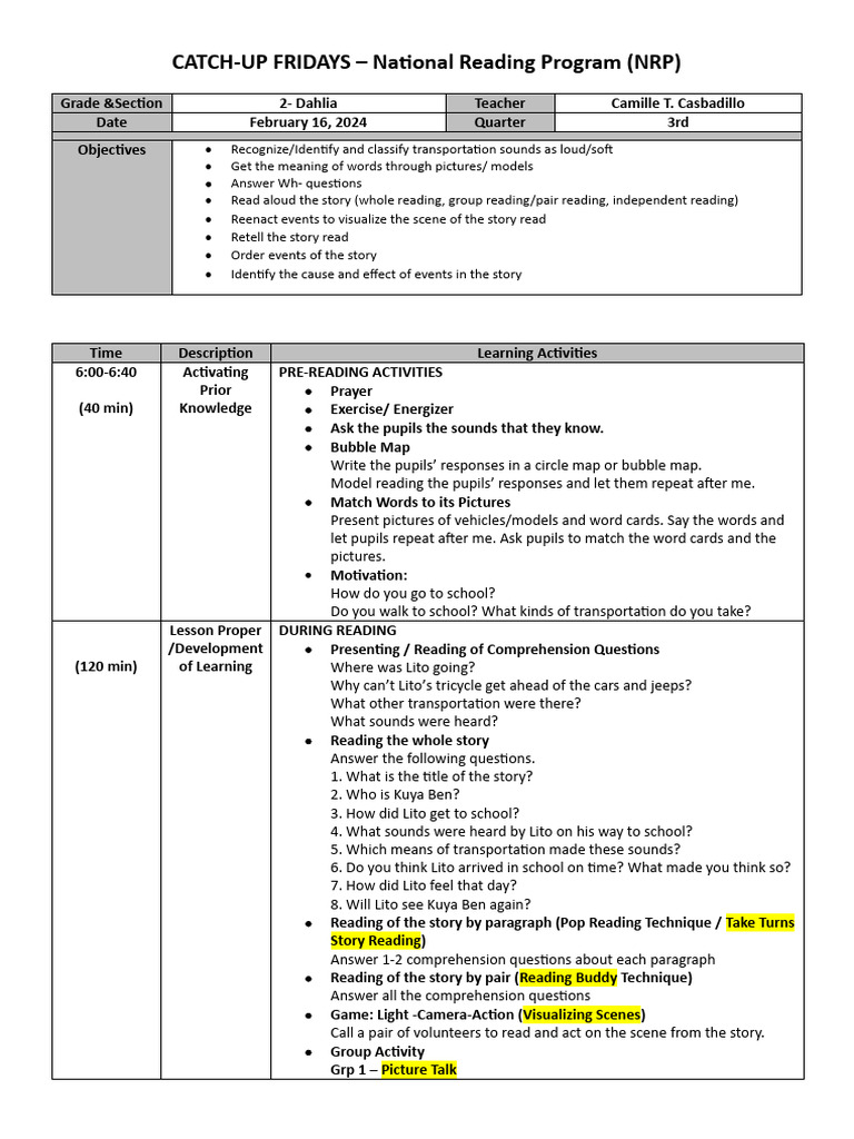 Reading Program Lesson Plan Catch Up Fridays | PDF | Human ...