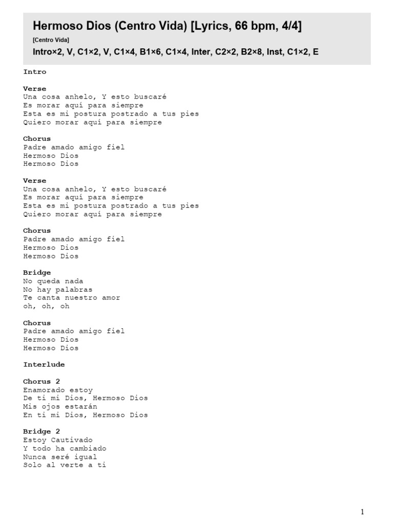Hermoso Dios (Centro Vida) - Lyrics | PDF
