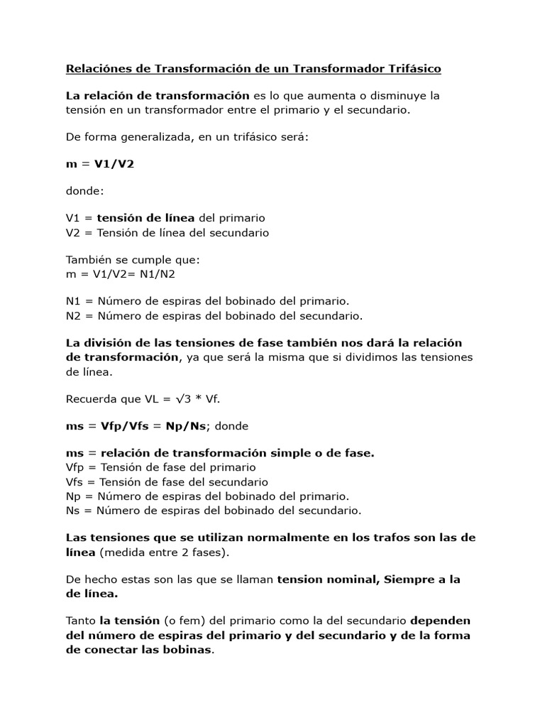 Relaciónes de Transformación de Un Transformador Trifásico | PDF | Transformador | Energia electrica