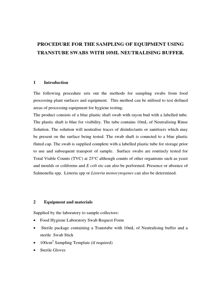 Transtube Swabbing Procedure for Hygiene Testing | PDF