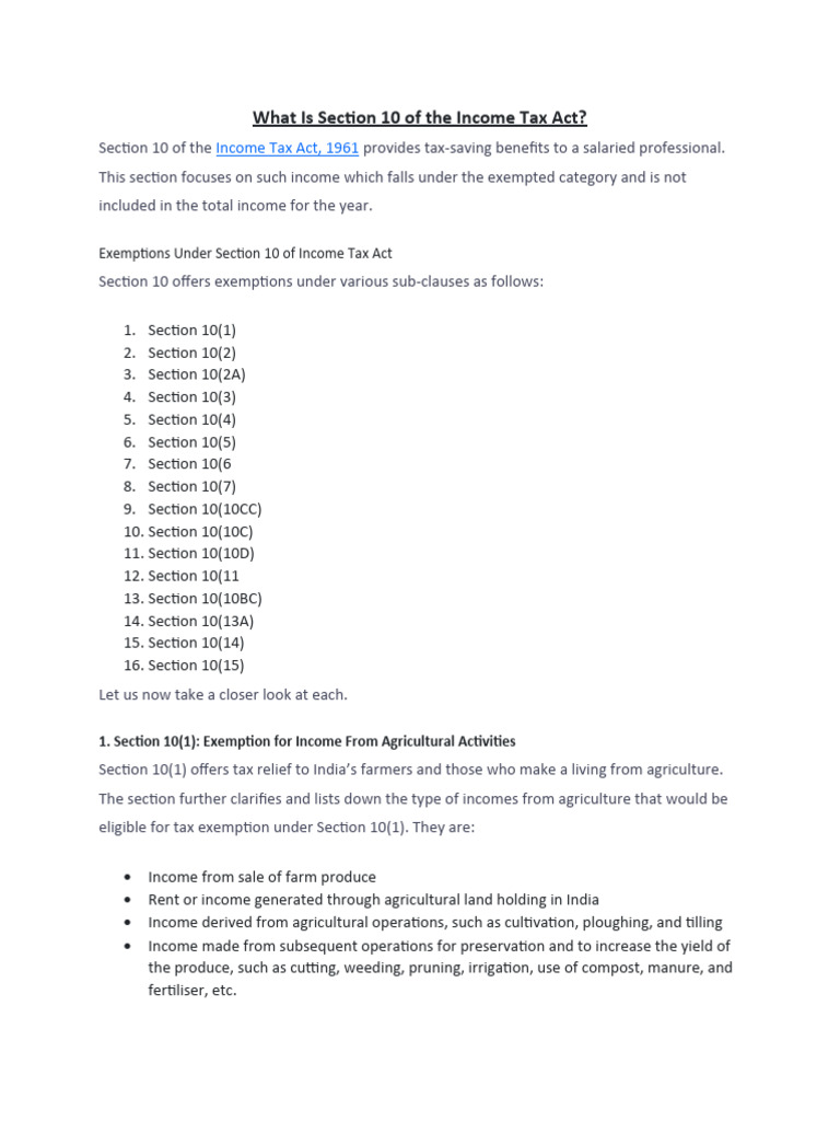 Section 10 Exemptions in Income Tax Act | PDF | Tax Exemption ...