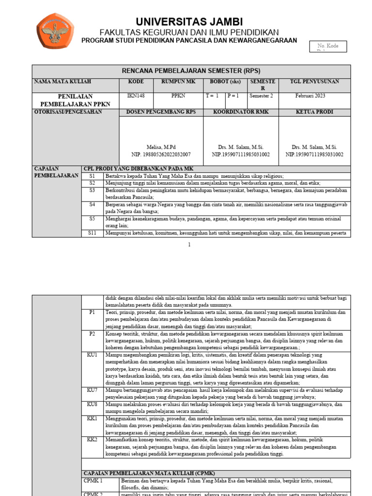 RPS Penilaian Pembelajaran PPKN.4 | PDF